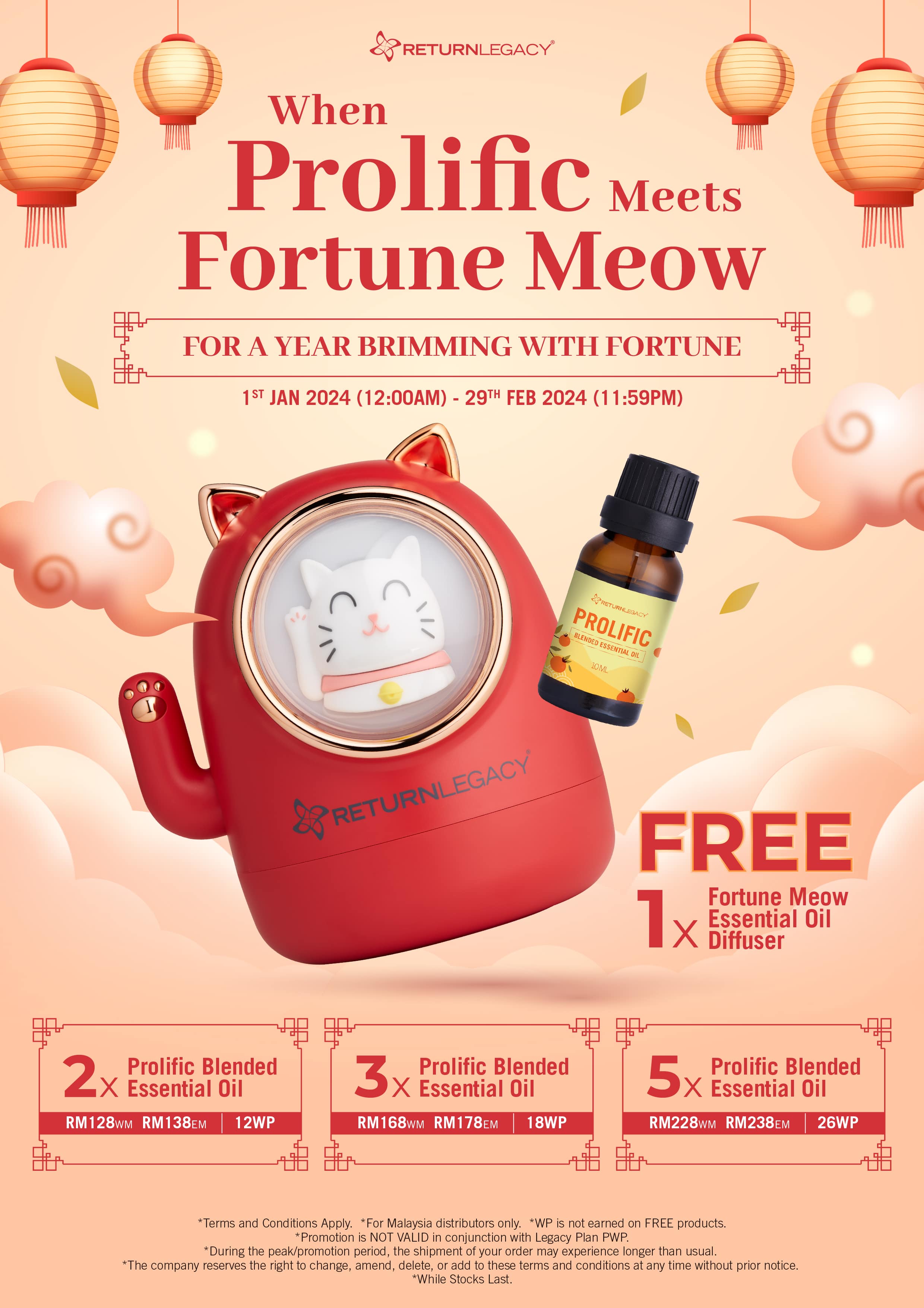 2 x Prolific Blended Essential Oil FREE 1 x Fortune Cat Essentials Oil Diffuser - Return Legacy