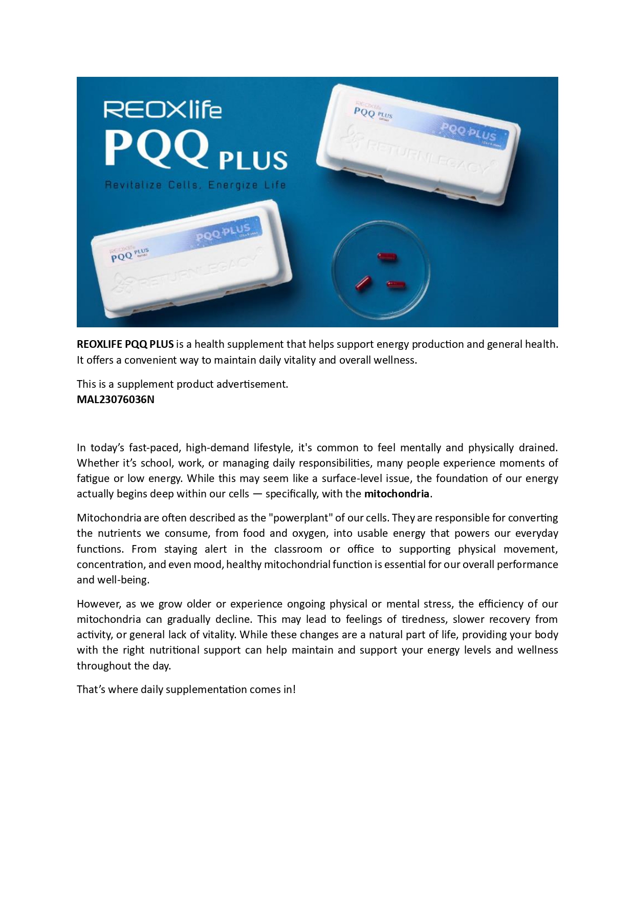 REOXlife PQQ PLUS (DUO PACK) - Return Legacy